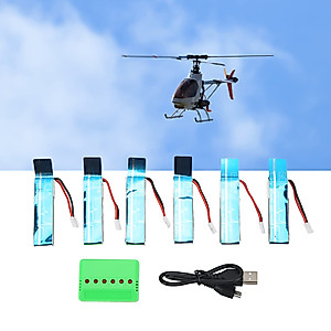 NestNiche 3.7V 520mAh Li-ion Battery, 6 PCS Lightweight High Discharge Rate RC Batteries with Charger Cable for RC Airplane Helicopter Models, Blue
