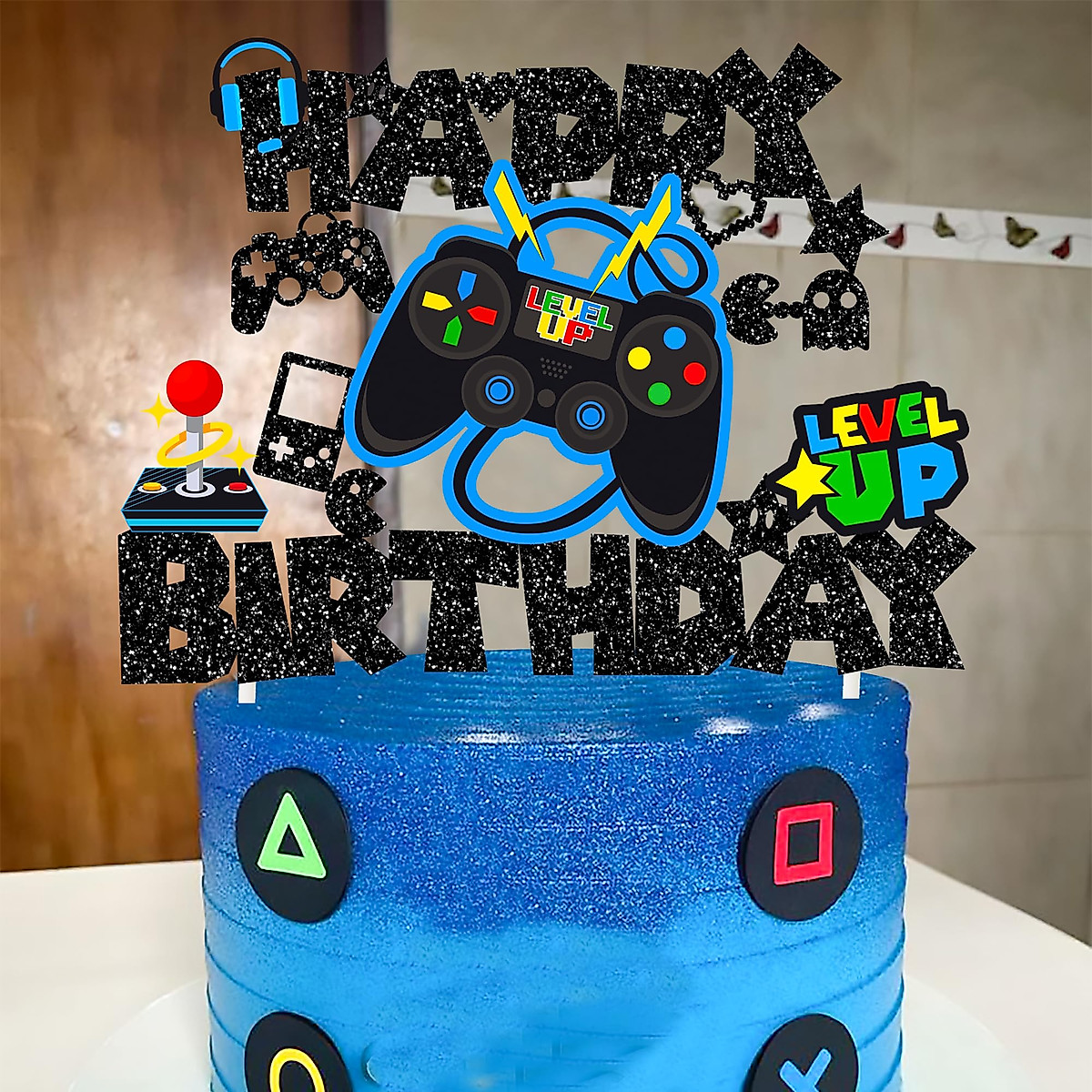 Video Game Happy Birthday Cake Topper Glitter Game Controller Cake Pick Decoration Gamer Birthday Cake Decorations for Video Game Controller Themed Kids Birthday Party Baby Shower Supplies (Black)