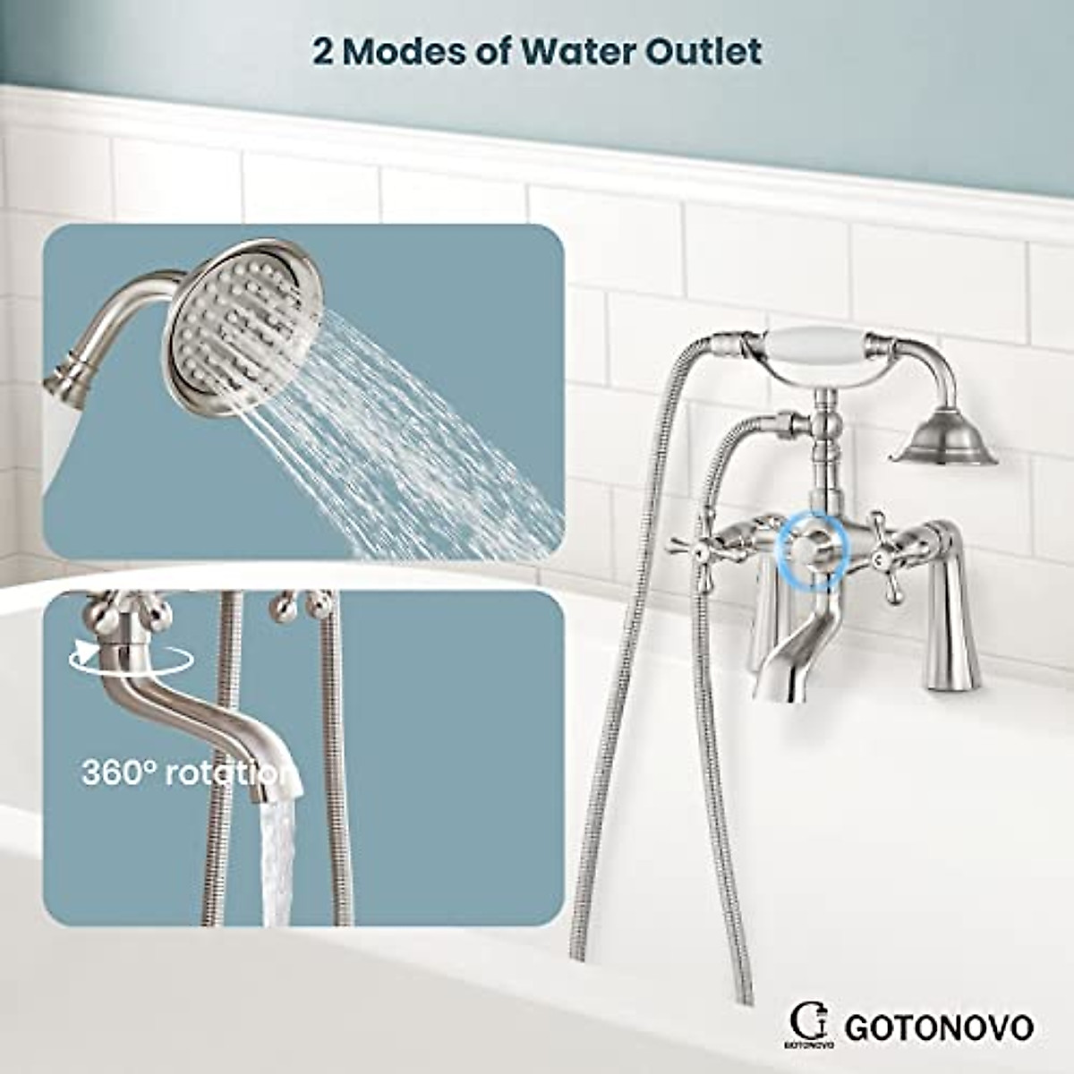 gotonovo Deck Mount Tub Bathtub Faucet Clawfoot with Handheld Shower 6 Inch Brushed Nickel Telephone Shaped Sprayer Showerheld Double Cross Handle