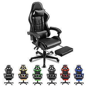 Soontrans Gaming Chairs with Footrest, PU Leather Office Chair, Gamer Chair,Ergonomic Game Chair with Height Adjustment, Lumbar Support (Carbon Black)
