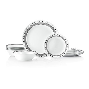 Corelle Vitrelle 18-Piece Service for 6 Dinnerware Set, Triple Layer Glass and Chip Resistant, Lightweight Round Plates and Bowls Set, City Block