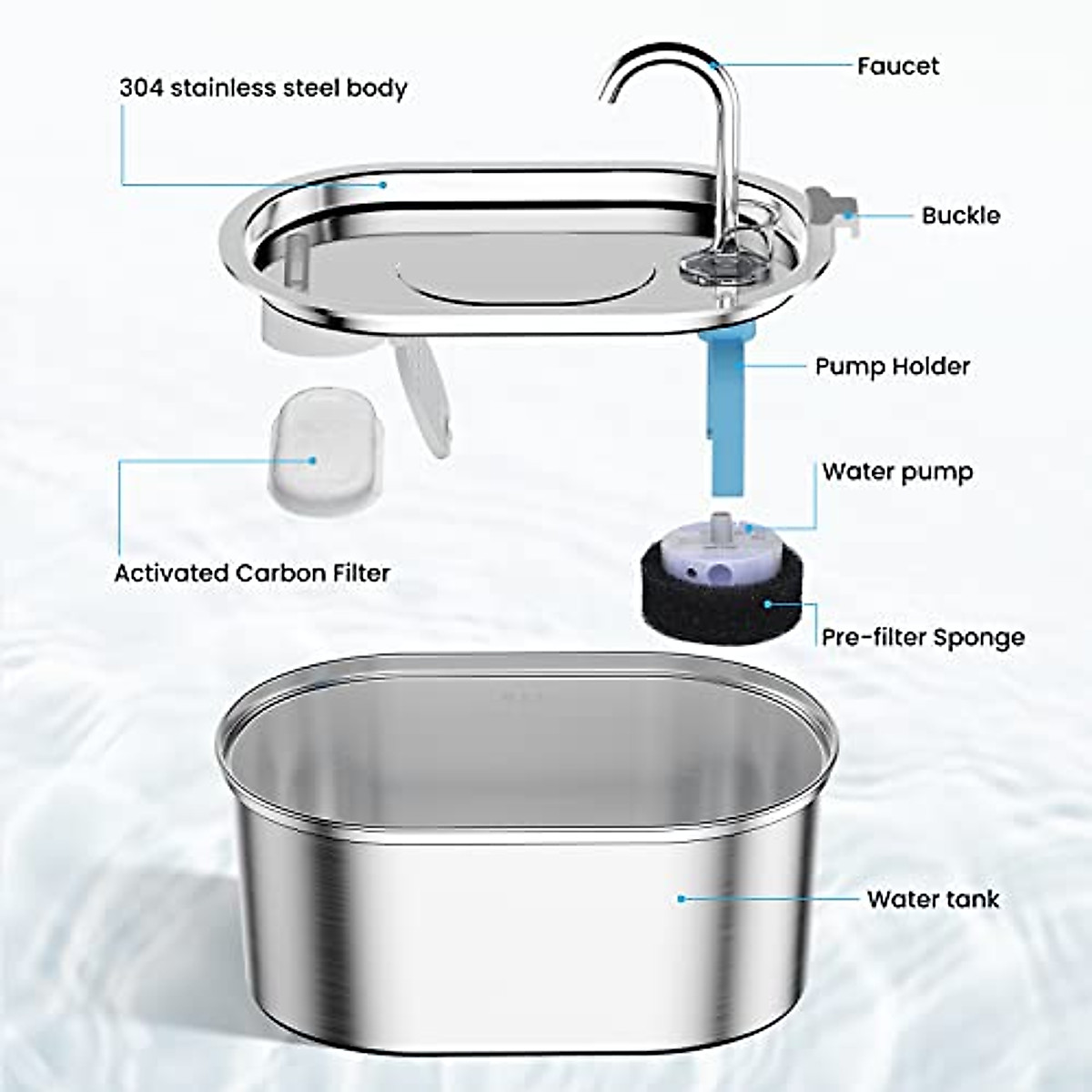 Cat Water Fountain, 3.2L/108oz Stainless Steel Pet Fountain Automatic Pet Water Fountain Water Dispenser Cat Water Bowl Cat Drinking Fountains with Ultra-Quiet Pump for Cats, Multiple Pets