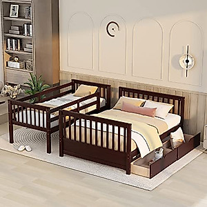 P PURLOVE Twin Over Full Bunk Bed with 2 Storage Drawers, Wood Bunk Bed Frame with Ladders, No Box Spring Needed, Espresso