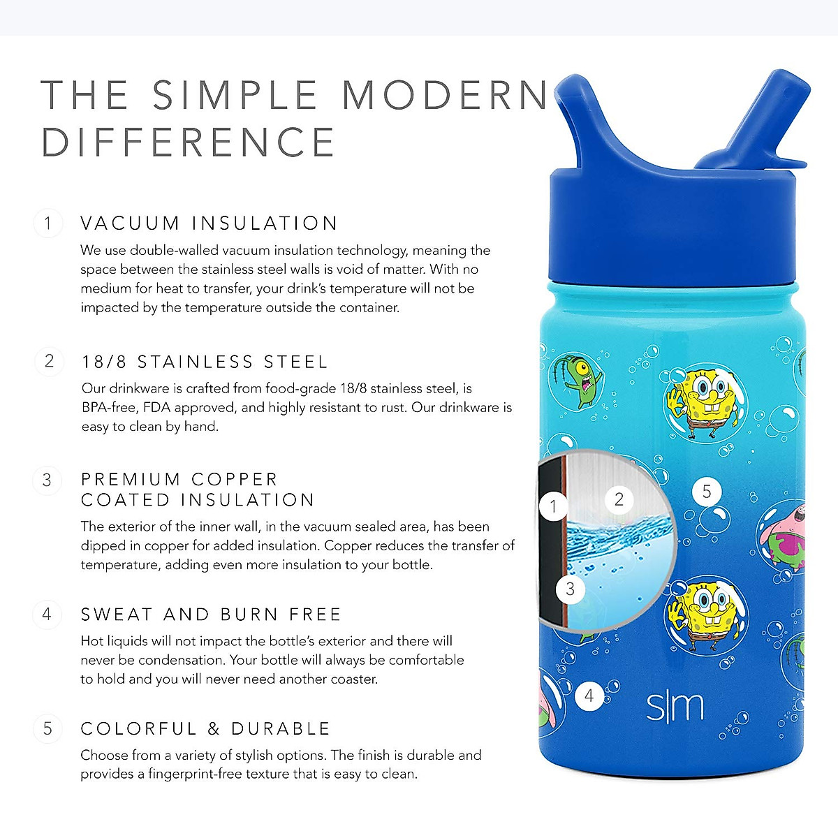 Simple Modern Kids Water Bottle with Straw Lid | Insulated Stainless Steel Reusable Tumbler for Toddlers, Girls, Boys | Summit Collection | 10oz, SpongeBob Bubbles