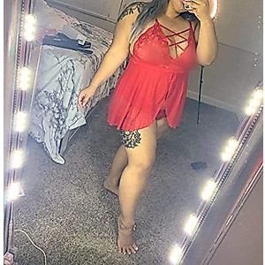 EVELUST Plus Size Lingerie for Women - Sexy Double Layer Chemise Comfy Boudoir Outfits Lace High Waist Teddy Babydoll(Large, Red)