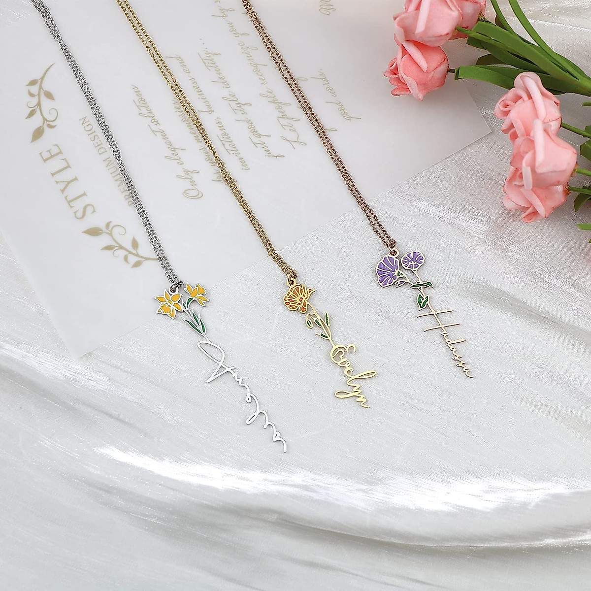 Malihome Custom Colorful Birth Flower Name Necklace,18K Gold Plated Personalized Women Jewelry,Bridesmaid Gifts For Mother Christmas Birthday (Design-1)