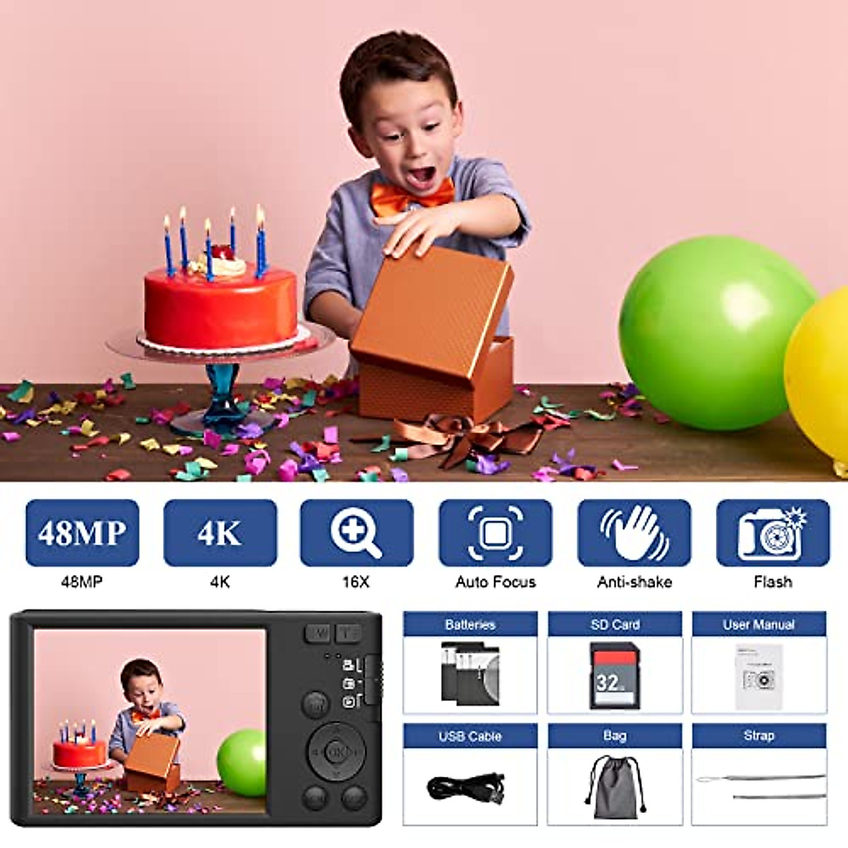 4K Digital Camera - 48MP Camera with 32GB SD Card，4K Rechargeable Electronic Mini Camera for Students, Teens, Kids
