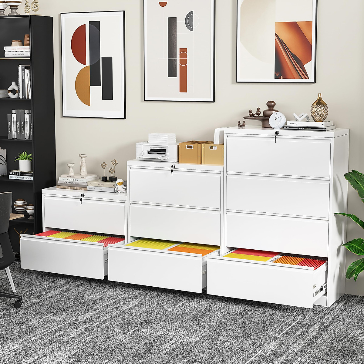 INTERGREAT 4 Drawer File Cabinet, White Lateral File Cabinet with Lock, Metal Office Filing Cabinet with Adjustable Frame for Legal, Letter, A4 Files, Fast Assembeld