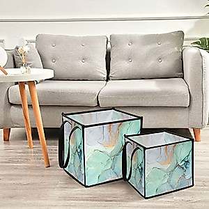 Blueangle Green Marble Texture Cube Storage Bin with Handles, 13 x 13 x 13 in, Large Collapsible Organizer Storage Basket for Home Décor（492）