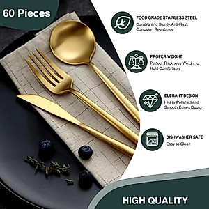 60 Pieces Stainless Steel Silverware Set, Flatware Cutlery Set Service for 12, Tableware Cutlery Set Include Knife Fork Spoon Set, Utensils for Home, Restaurant, Hotel, Dishwasher Safe (Gold)