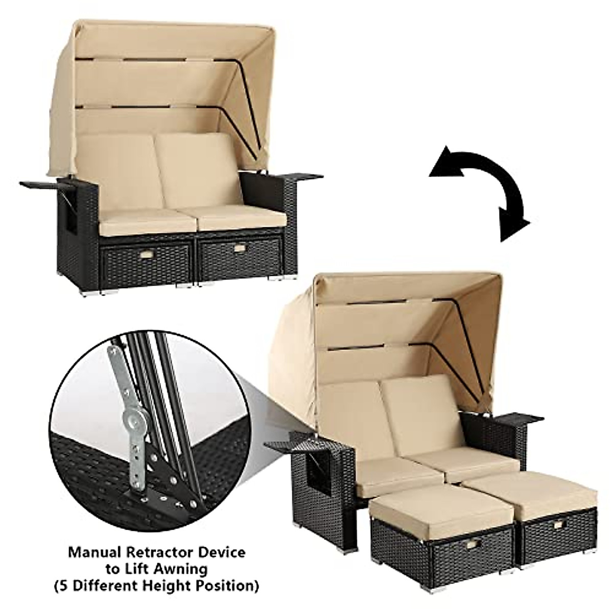 MAGIC UNION Outdoor Furniture Wicker Loveseat Sofa Set with Retractable Canopy, Rattan Patio Seating Chairs Poolside Sunbed with Ottomans, Khaki Cushions for Backyard