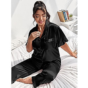 SWOMOG Womens Satin Plus Size Pajamas Silk Short Sleeve Pjs Sets Button Up Pajama with Ruffle Soft Loungewear Wedding PJs Black
