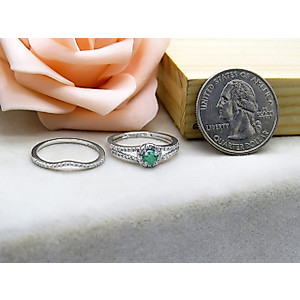 Dazzlingrock Collection 14K Round Emerald And White Diamond Bridal Halo Engagement Ring Wedding Band Set, White Gold, Size 6