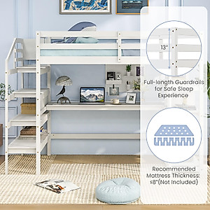 Giantex Twin Loft Bed with Desk and Stairs, Solid Wood High Loft Bed with 4-Tier Storage Shelves, Loft Bed Twin Size for Adults, Teens, Kids, Boys & Girls, No Box Spring Needed, White