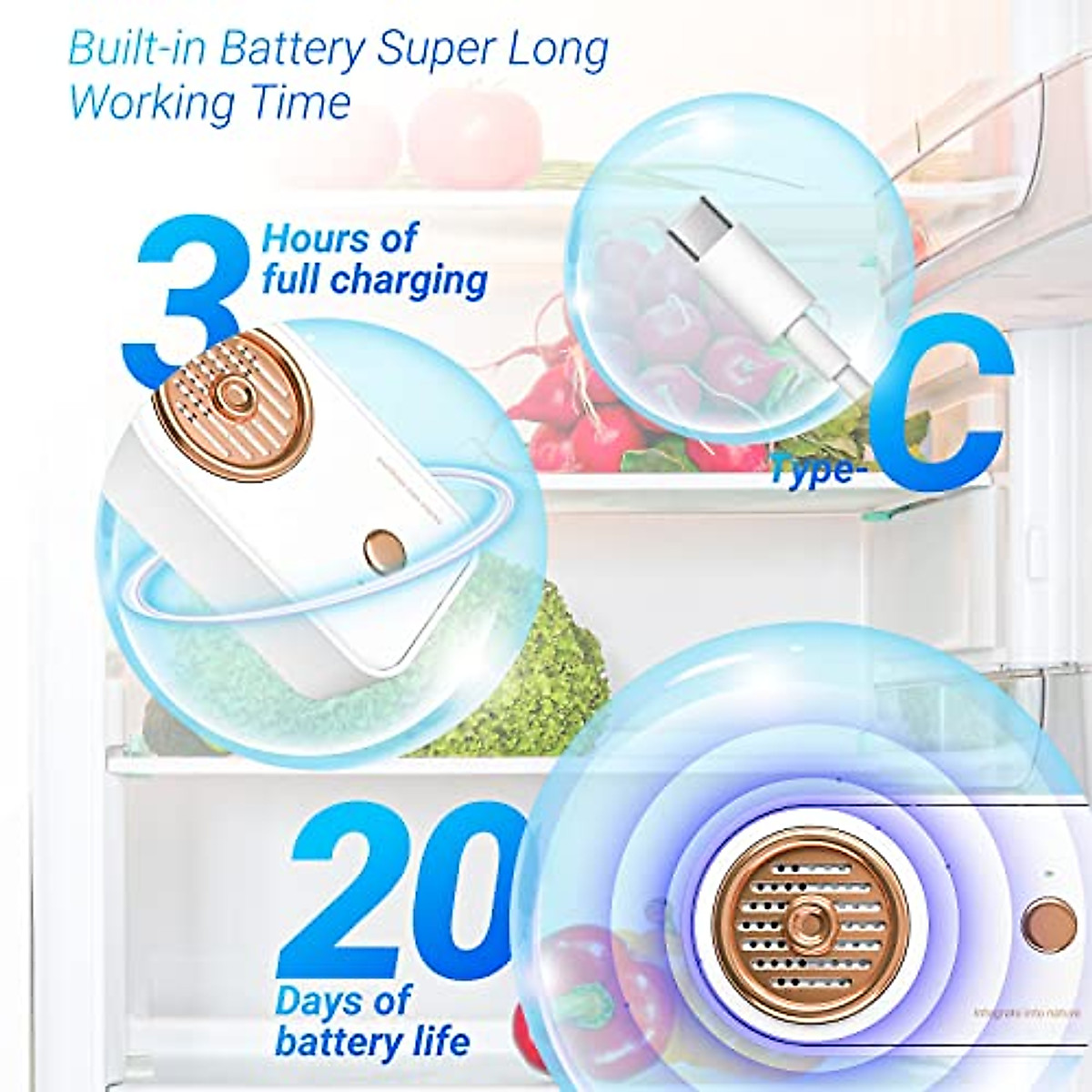 Mini USB Fridge Deodorizer, Portable Rechargeable Refrigerator Deodorizer, Odor Eliminator Reusable Deodorizer for Home, Freezer, Car, Closet, Wardrobe, Shoe Beats Baking Soda, Charcoal Bags