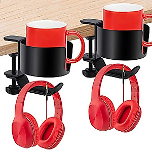 Headphone Hanger with Cup Holder, 1 Pack/2 Pack 2-in-1 Anti-Spill Cup Holder with Under Desk Headphone Hanger, 360° Rotation Headphone Holder Aluminum Headset Stand Headphone Hook (2 Pack)