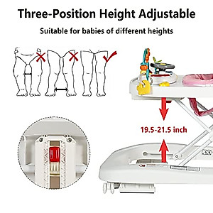 Kinder King Activity Baby Walker 3 in 1 Folding Learning Walker Boys Girls Seated or Push Behind Infant Activity Center w/Adjustable Height & Speed Music & Lights Toys Steering Wheel Pink 1.0 Count