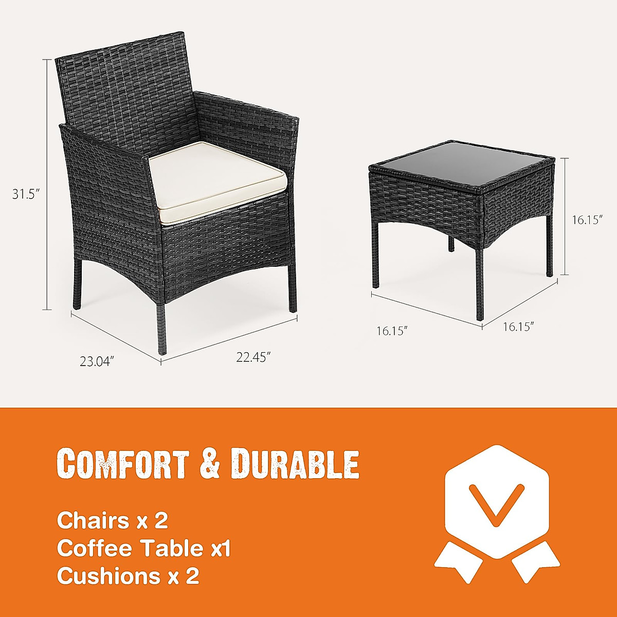 Sweetcripy Patio Furniture Set 3 Pieces, Outdoor Furniture with Soft Cushion and Glass Table, All Weather Manual Weaving Wicker Rattan Patio Chairs for Garden, Terrace, Porch(Black and Beige)