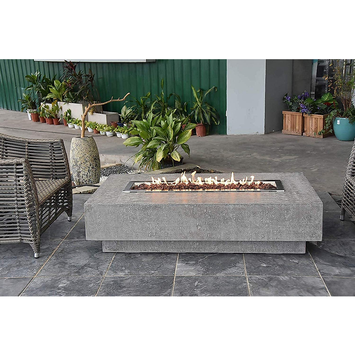 AMS Fireplace | Elementi | Large Rectangular Natural Gas Fire Pit Table | Free Bio-Ethanol Tabletop Lantern | With Canvas Cover, Lava Rocks, and Gas Key Valve | Fuel: Natural Gas, Hampton - Light Grey