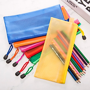 Bememo 12 Pieces 6 Colors Pencil Pouch Zipper File Bags Waterproof Plastic Double Layer for Pen Bag Cosmetics Supplies Travel Accessories