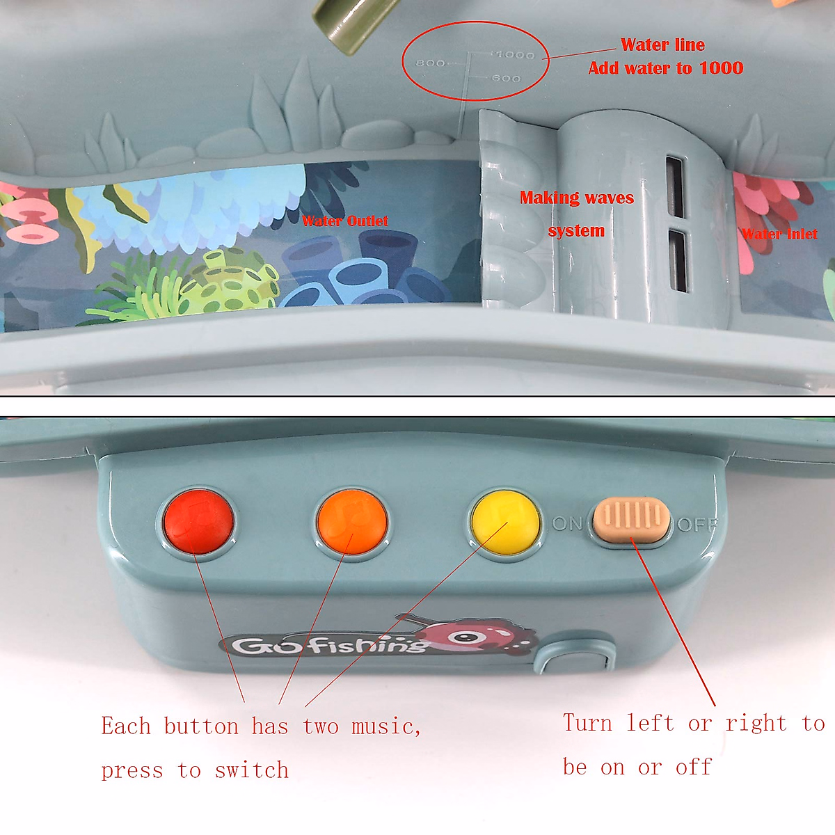 Lovyan Water Circulating Fishing Game Board Play Set with 3 Ducks,3 Fish,2 Water ladles and 2 Fishing Poles, Electronic Toy Fishing Set with 6 Music for Kids Toddlers