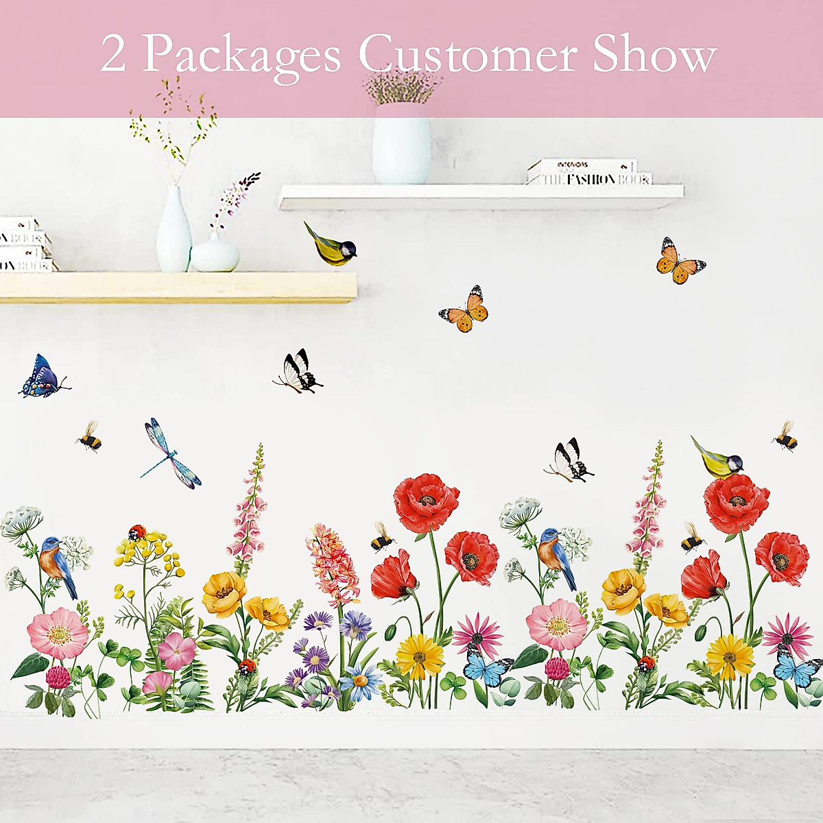 decalmile Garden Flower Wall Stickers Birds Butterflies Poppy Flower Wall Decals Baby Nursery Kids Bedroom Living Room Wall Decor