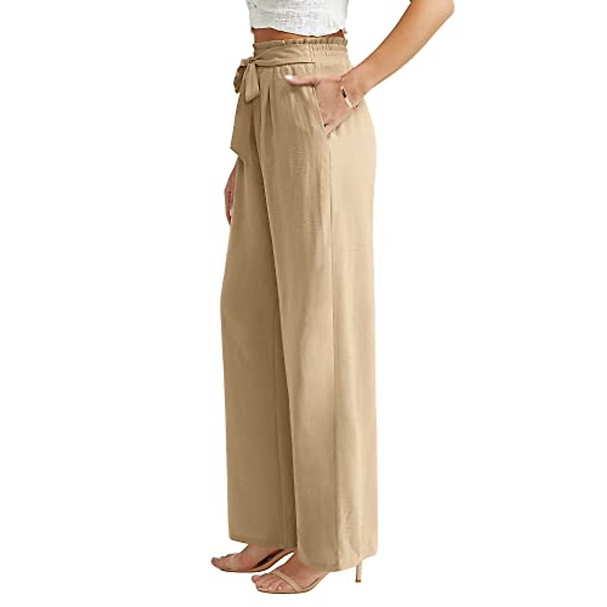 Feiersi Women Casual Wide Leg Pants High Waisted Business Work Casual Pants Loose Flowy Beach Palazzo Pants(Khaki,Small)