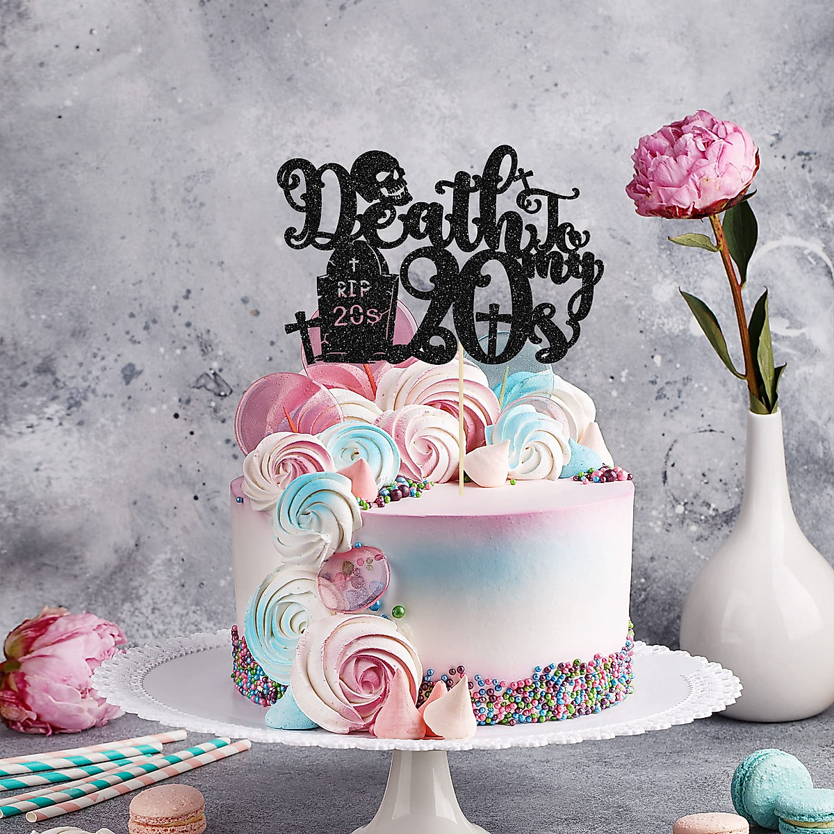 1 Pack Black Glitter Death to My 20’s Cake Topper Rip Twenties/Cheers to 30 Years/Happy 30th Birthday Cake Topper Decorations for Death to My Youth 30th Birthday Party Decorations