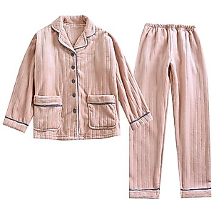 Dadatutu Women's Solid Cable Fleece Pajamas Sets Lapel Sleepwear Pocket Loose Long Sleeve Button Shirt Trousers Pajama Set