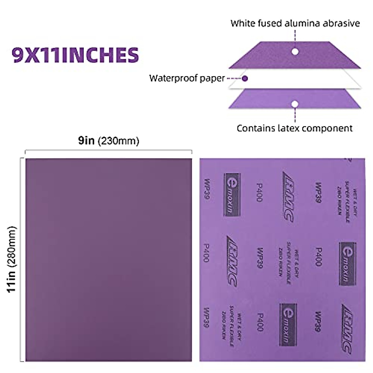 Sandpaper 400 Grit 20 PCS, Wet Dry Sanding Sheets 9 x 11 Inch, Purple Alumina Abrasive Sand Paper for Wood, Metal, Drywall, Resin, Automotive Sanding, Polishing, Grinding, by POLIWELL
