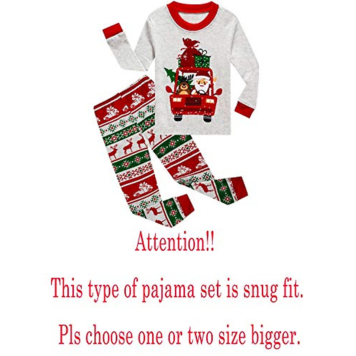 KikizYe Christmas Reindeer Santa Claus Car gift Little Boys Long Sleeve Pajamas 100% Cotton Holiday Grey Sleepwears Toddler Size 2T