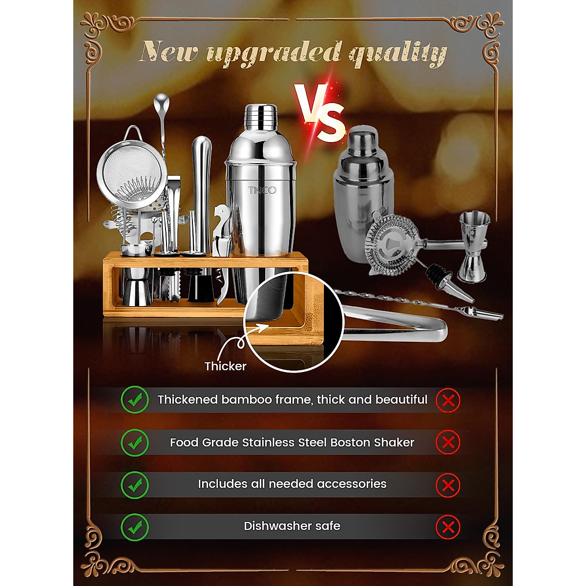 Bartender Kit, TNCO Cocktail Shaker Set with Stand,Bar Set Drink Mixer Set with All Essential Bar Accessory,Martini Mixer Cup with Muddler,Jigger, Strainer,Ice Tongs,Spoon,Liquor Pourers,Ice Filter