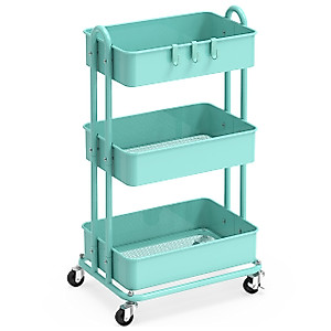 Simple Houseware Heavy Duty 3-Tier Metal Utility Rolling Cart, Turquoise