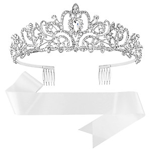 CIEHER Crown and Sash, White Sash Blank Satin Sash Prom Crown Custom Sash Court Sash Mommy to Be Sash Birthday Sash Bride to Be Sash Bachelorette Sash and Crown Graduation Sash Make Your Own