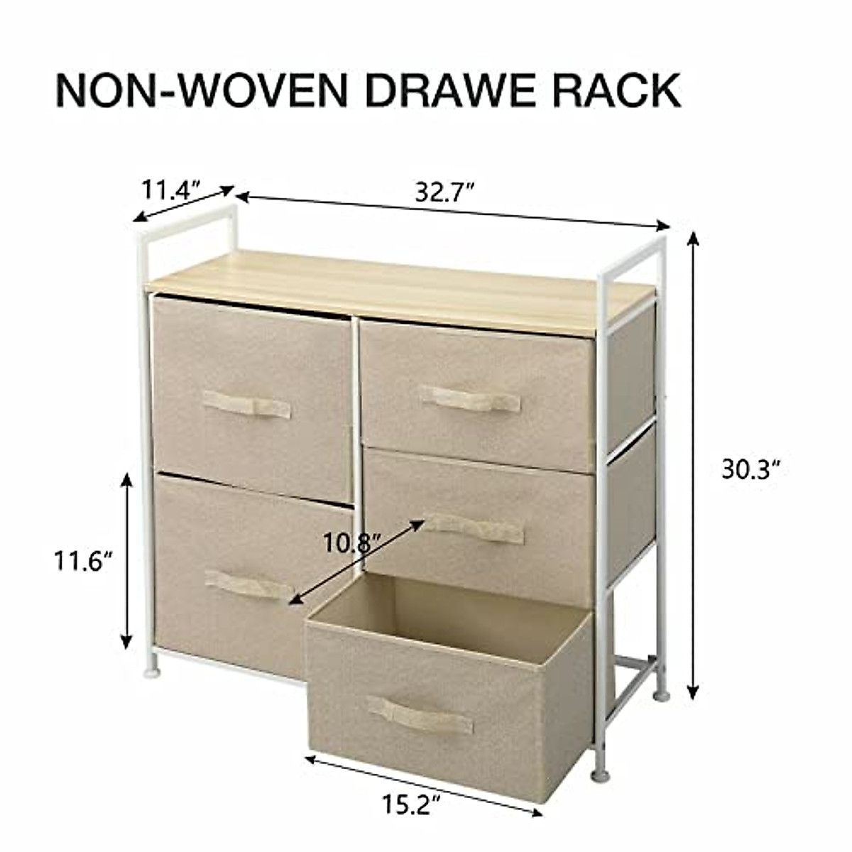 Nightstand Bedside Table Drawer Cabinet Dresser Storage Shelf W 5 Fabric Drawers Metal Frame Wooden Tabletop Bedroom Modern and Simple Style Storage Tower Dresser