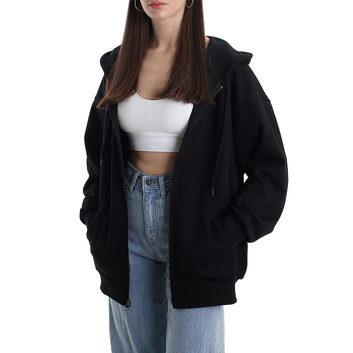 TOMLALEL Women's Active Zip Up Hoodie, Oversized Loose Casual Jacket, Comfortable Long Sleeve with Pockets Zipper Drawstring (Medium, Oversized_Black)