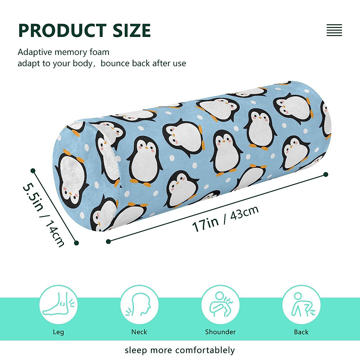 Vnurnrn Cute Blue Penguin Cartoon Neck Support Pillow Round Neck Roll Bolster Cylinder Pillow Cervical Pillows Arm Pillow for Leg Knee Back Head Support for Bedroom Camp Work Women Men
