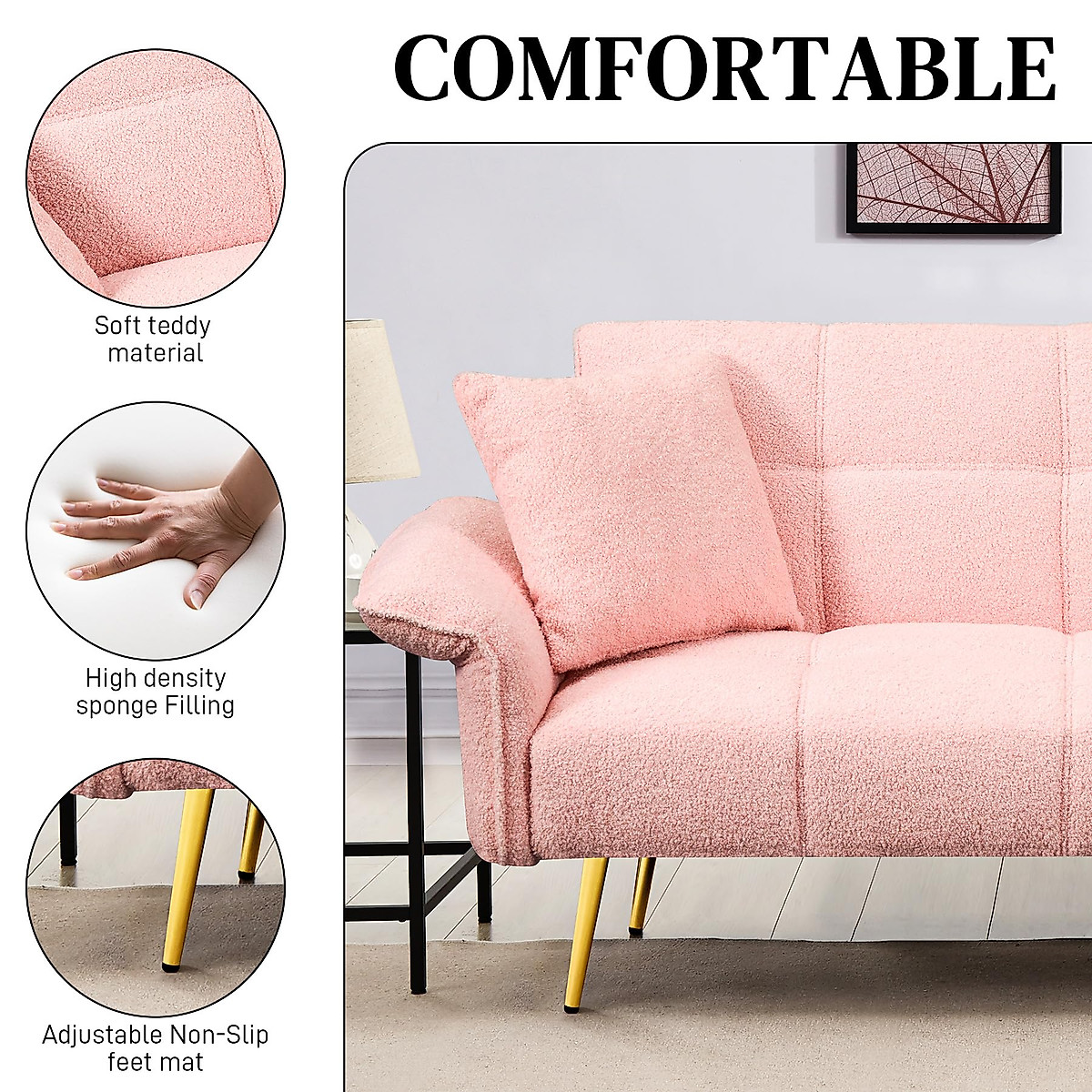 OUYESSIR Teddy Futon Sofa Bed with 2 Pillows, Small Couch, Convertible Futon Sleeper Sofa with Folding Armrests, 70" Modern Loveseat Couch for Bedroom, Living Room (Pink)