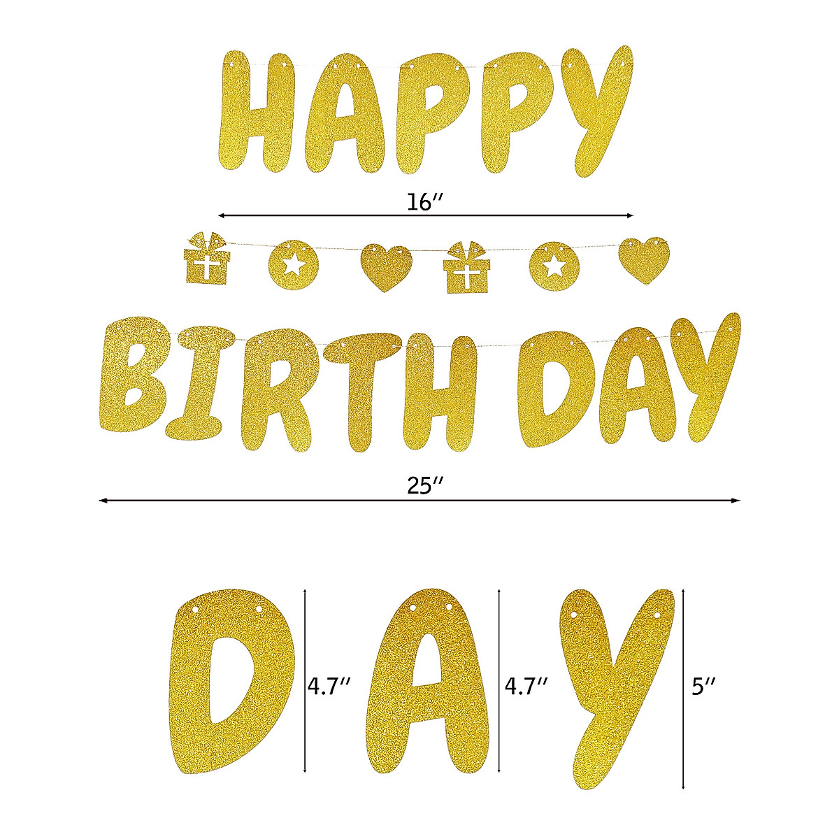 CUTPOPUP Gold Glitter Happy Birthday Banner - Pre-Strung - and Gold Glitter Circle, Star, Heart, Gift Dots Garland for Men Women Birthday Party Decorations, Happy Birthday Door Banner