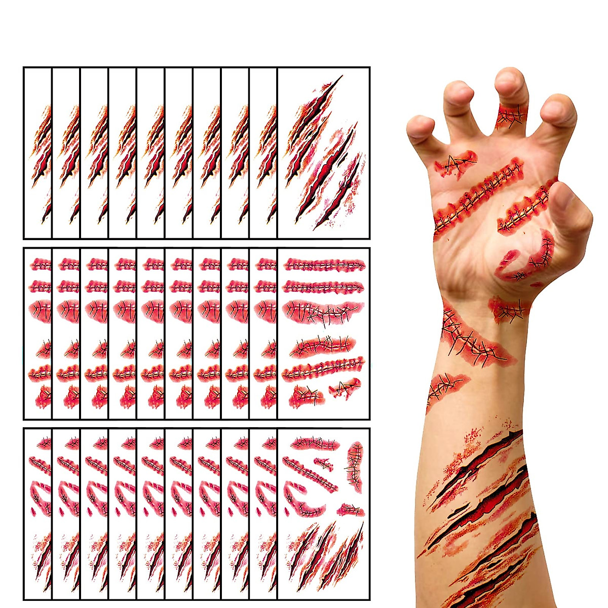 30 Sheets Halloween Temporary Tattoos, Horror Stitch Scar Scab Zombie Makeup Tattoos Stickers, Realistic Bloody Fake Wound for Halloween Party