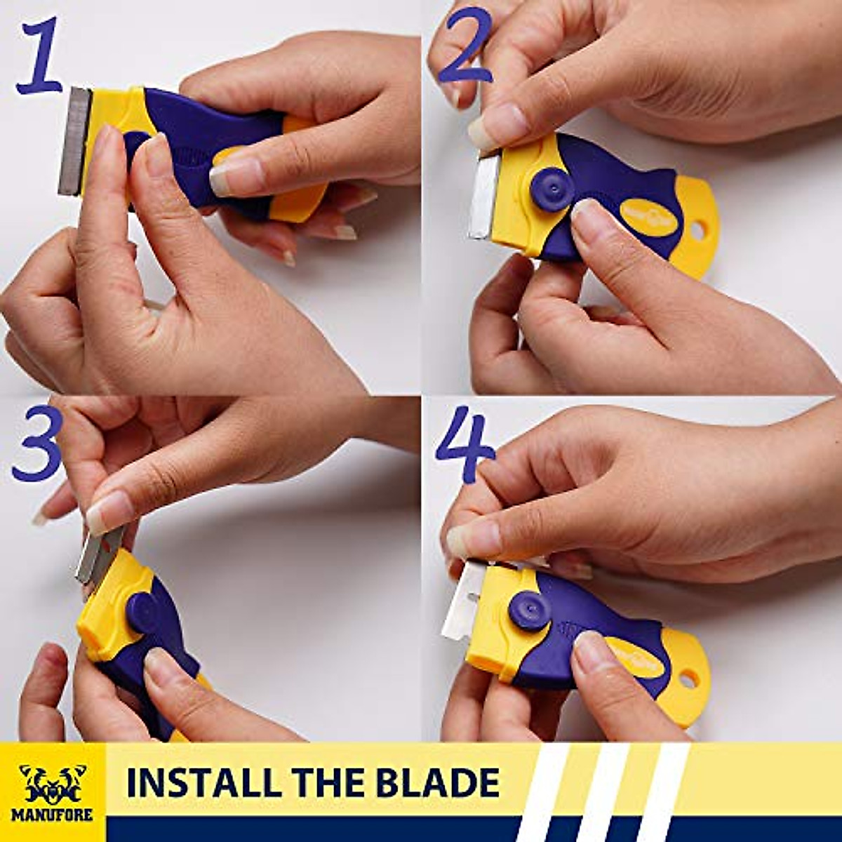 MANUFORE Portable Multi-Purpose Razor Blade Scraper for Cleaning Glass, Stove-top, Window, Floor(1 Scraper, 6 Plastic Blades, 6 Carbon Steel Blades)