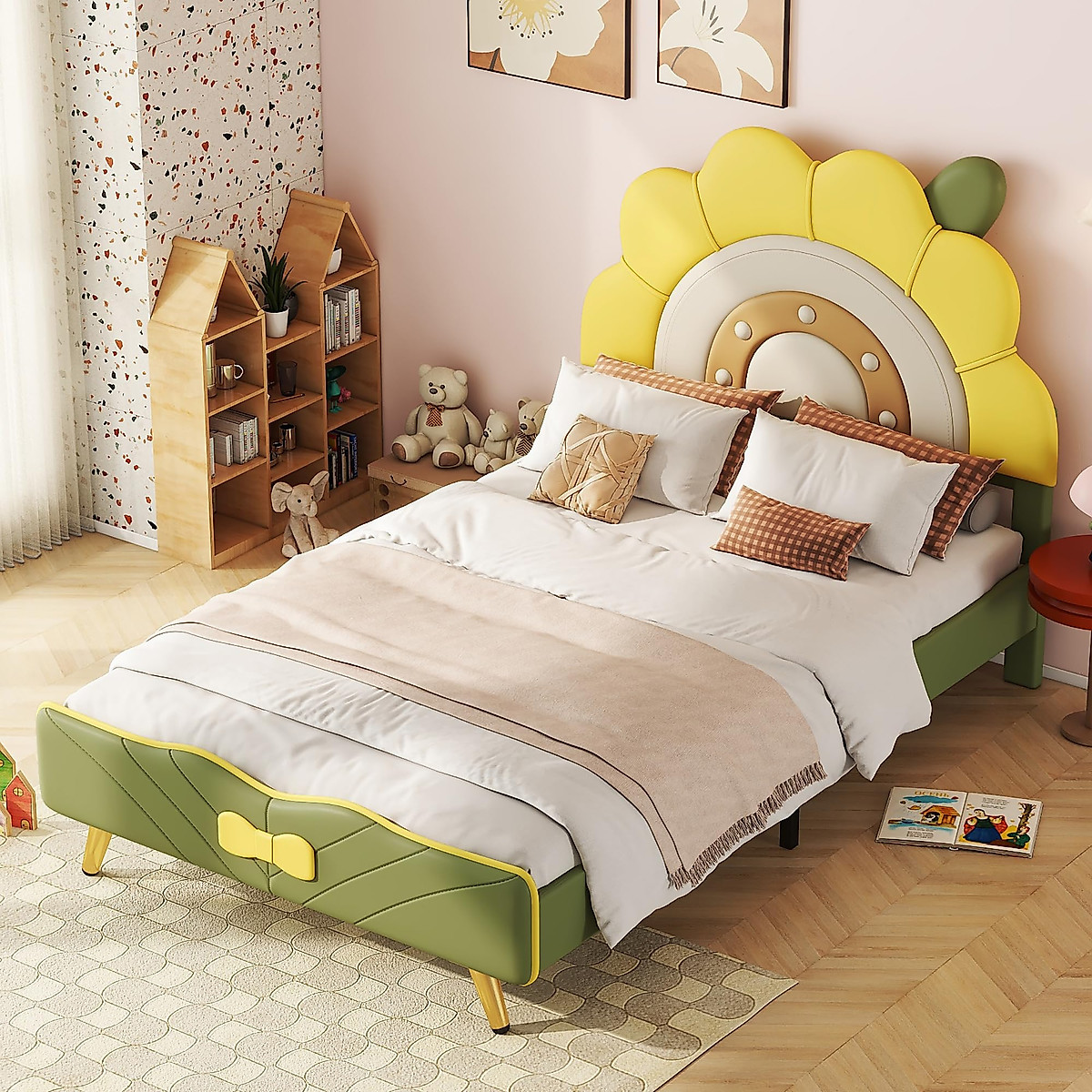 MERITLINE Twin Size Upholstered Platform Bed with Sunflower Shaped Headboard, PU Upholstered Twin Size Bed Frame for Kids Teens, Boys Girls,Green + Yellow