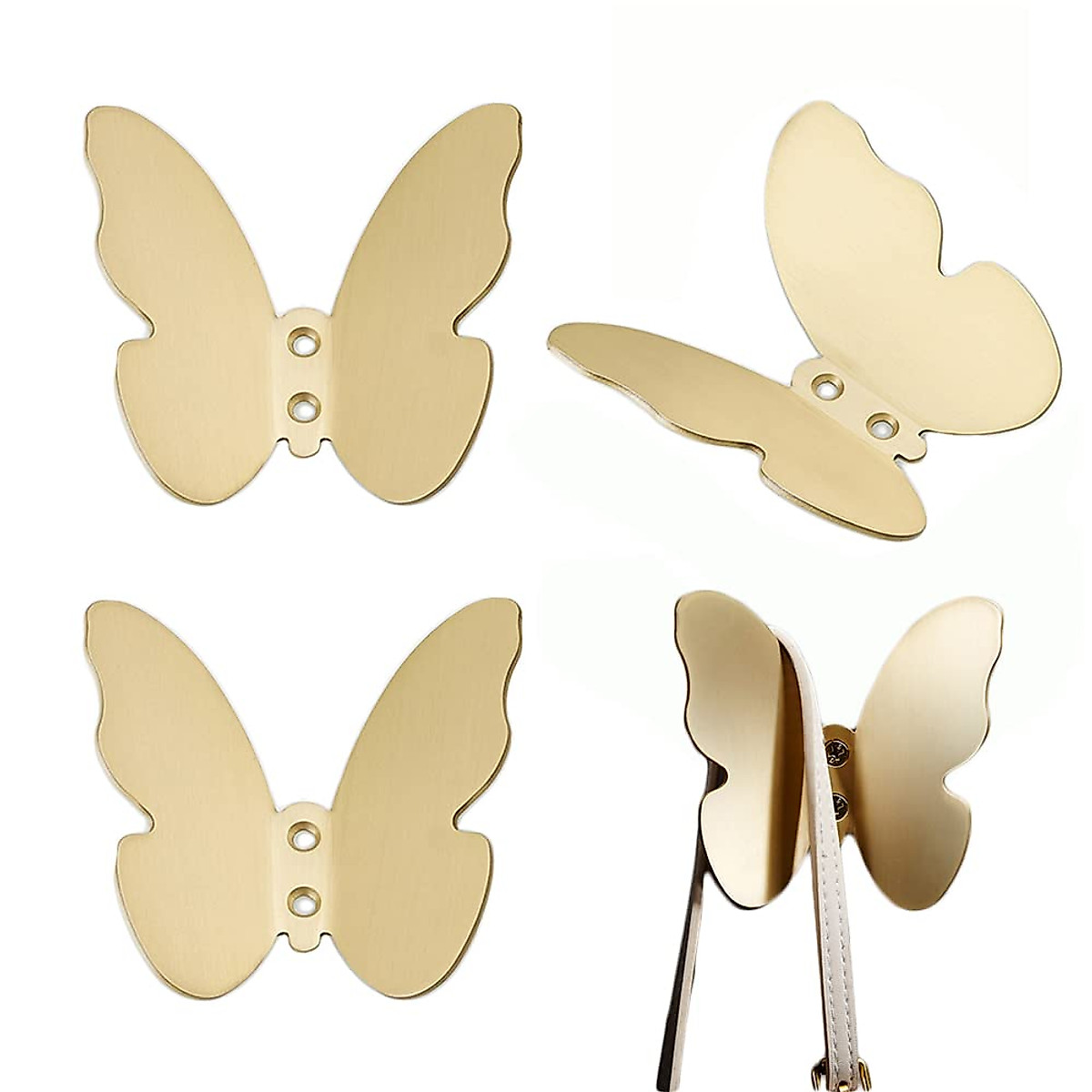 Primst 3 PCS Brass Butterfly Hooks with Screws, Decorative Wall Mounted Hooks Hat Rack Robe Hook for Bathroom Kitchen Entryway (Gold)