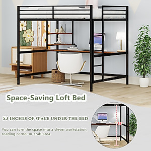 Full Size Loft Bed with Desk and Storage Shelves,Heavy-Duty Loft Bed Full for Kids,Metal Loft Bed Frame with Safety Guardrail,Space-Saving(Full,Black)