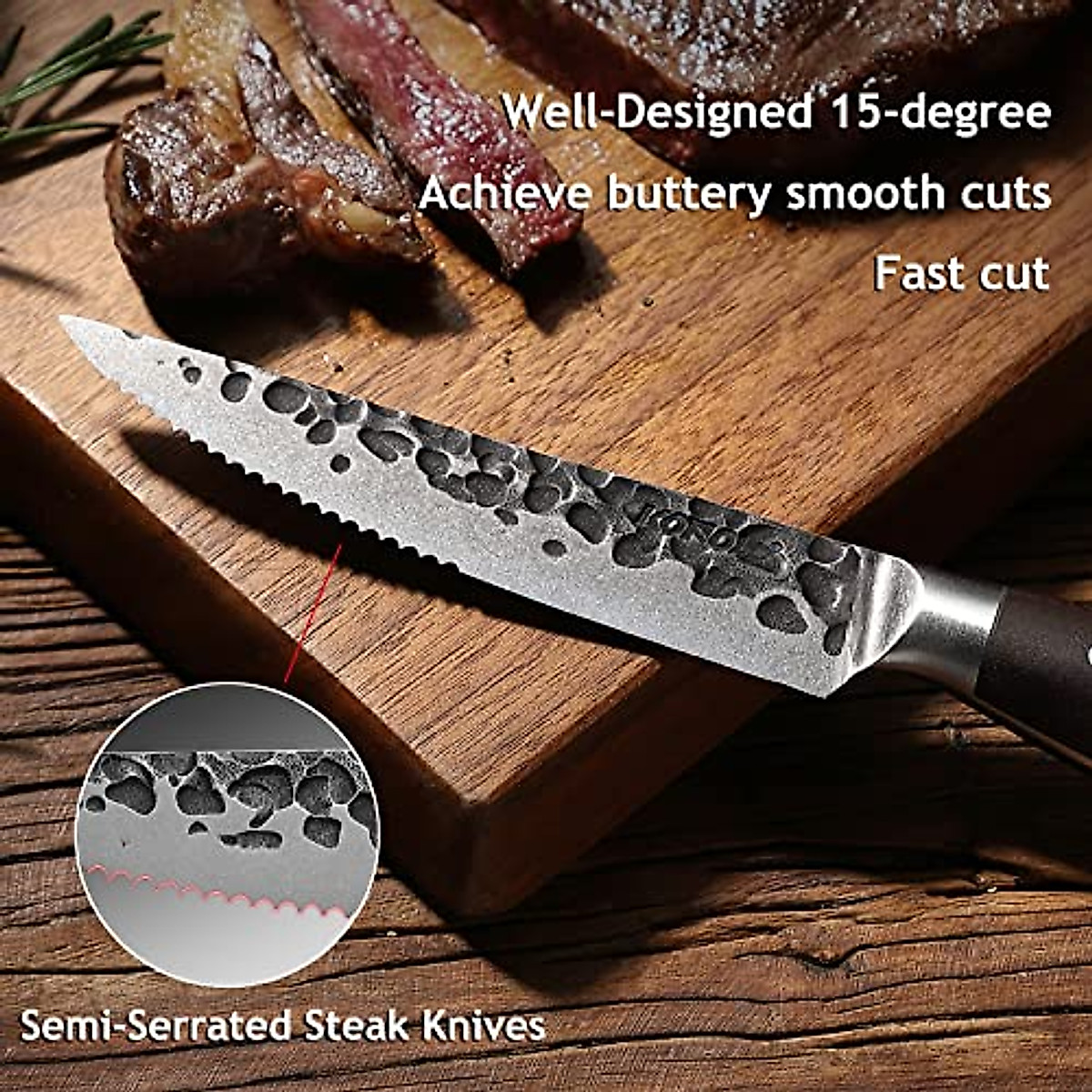 KONOLL Steak Knives Set of 6 Steaks Knife Serrated Blade Forged Handmade German High Carbon Steel with Full Tang Wood Handle