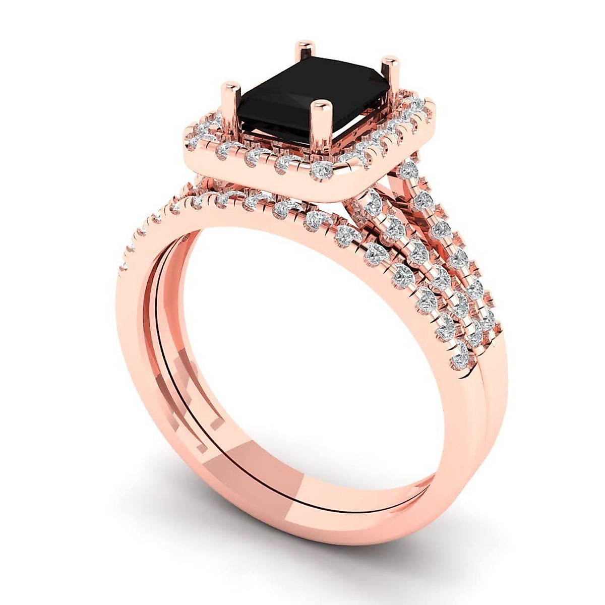 1.60ct Emerald Halo Solitaire Genuine Natural Black Onyx Engagement Promise Anniversary Bridal Ring Band set 18K Rose Gold 9