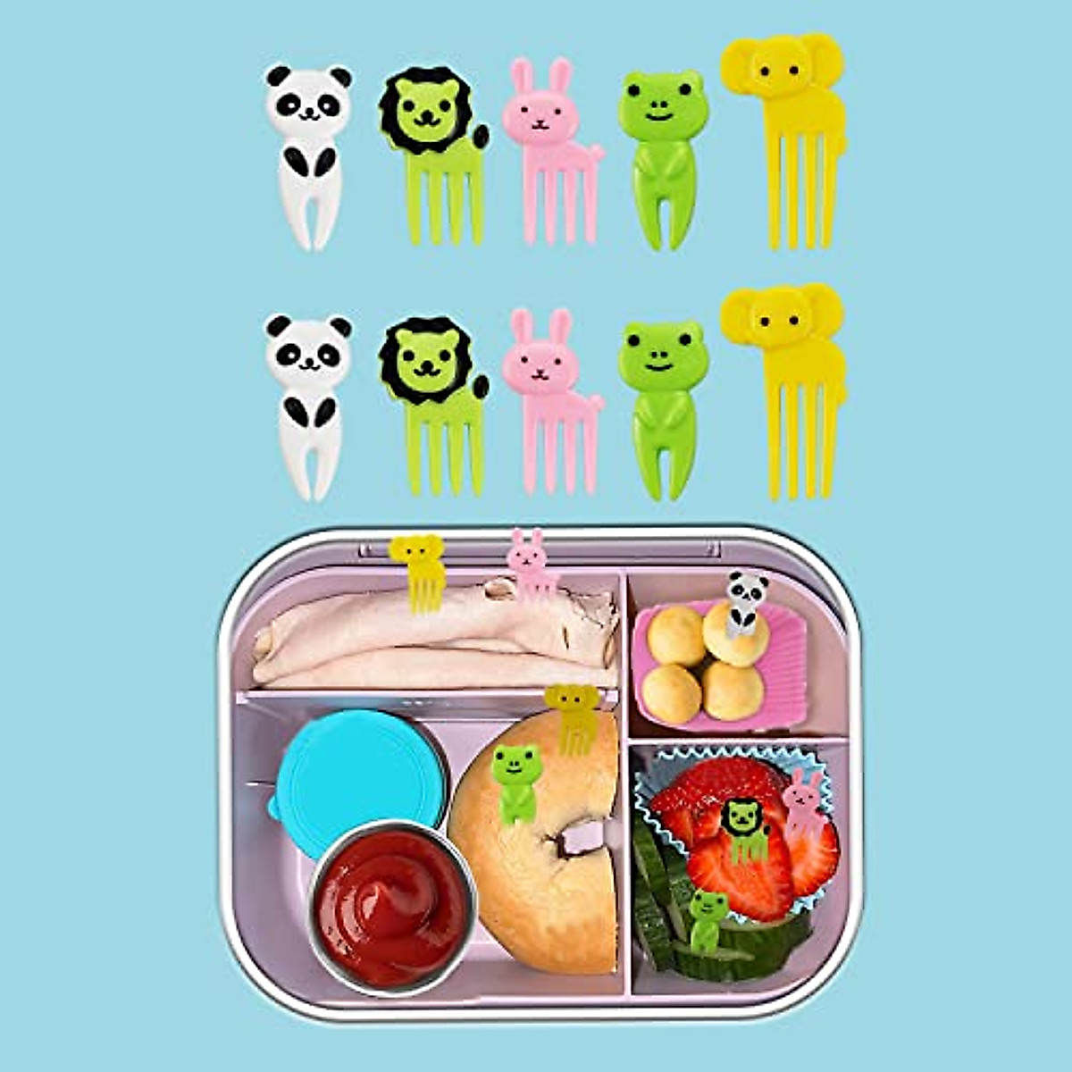 Qefuna 12 Pcs Silicone Lunch Box Dividers, 10PCS Food Picks, 6x1.7 oz Salad Dressing Container To Go, Lunch Accessories for Bento Box