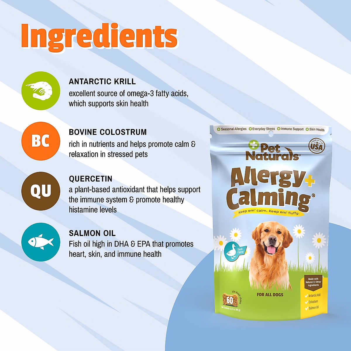 Pet Naturals Allergy Plus Calming Supplement for Dogs, Soft Chew, Duck Flavor, 60 Ct.