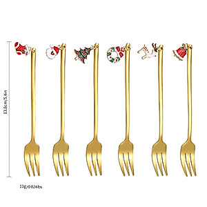 A · HOUSEWARE Dessert Forks Gold Christmas Silverware Set Stainless Steel Flatware Small 6 Pieces Appetizer Utensils With Xmas Charms Handle for Festival Parties and Everyday Use