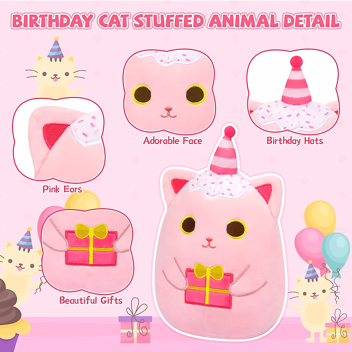 Leokawin Birthday Plush Pillow,Birthday Cat Stuffed Animal Toy,Cute Pinks Cat Stuffed Animal with Gifts, Happy Birthday Cat Plush Toy,Soft Cat Plushie Birthday Gifts for Kids Girl